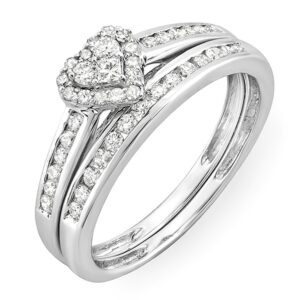 dazzlingrock collection 0.55 carat (cttw) 10k round & princess diamond women heart shaped engagement ring set 1/2 ct, white gold, size 7.5