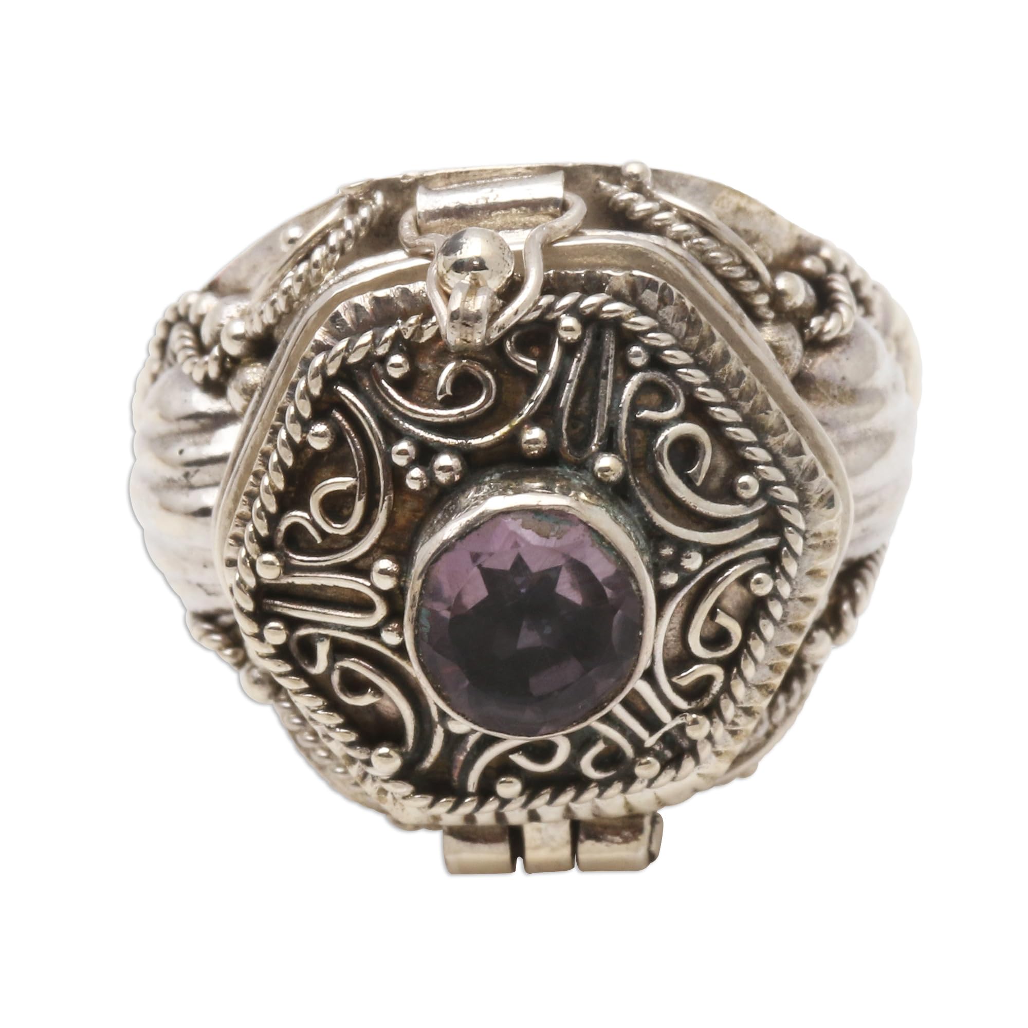 NOVICA Artisan Handmade Amethyst Locket Ring .925 Sterling Silver Purple Single Stone Cocktail Indonesia Bohemian Birthstone [0.4 in H x 0.6 in W x 0.6 in D] 'Secret Flame'