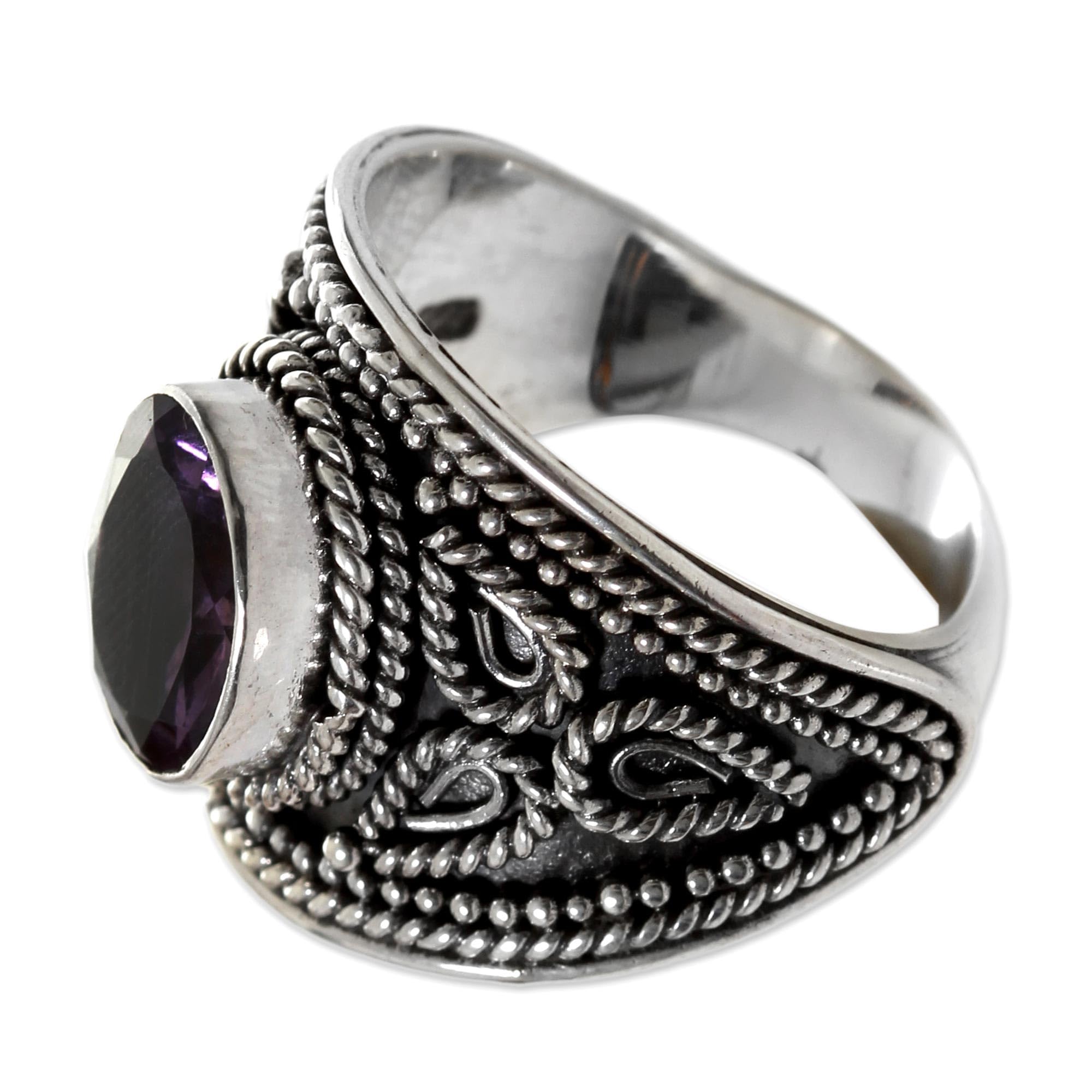 NOVICA Artisan Handmade Amethyst Locket Ring .925 Sterling Silver Purple Single Stone Cocktail Indonesia Bohemian Birthstone [0.4 in H x 0.6 in W x 0.6 in D] 'Secret Flame'