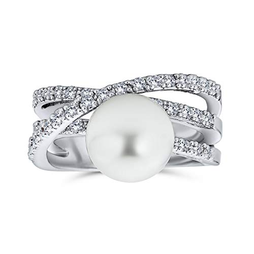 Bling Jewelry CZ Criss Cross Simulated Pearl Cocktail Ring Rhodium Plated,Size:7