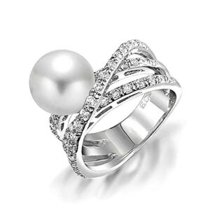 Bling Jewelry CZ Criss Cross Simulated Pearl Cocktail Ring Rhodium Plated,Size:7