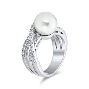 Bling Jewelry CZ Criss Cross Simulated Pearl Cocktail Ring Rhodium Plated,Size:7