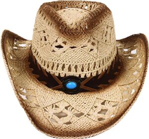 men's & women's western style cowboy / cowgirl straw hat with bull big bead band - beige