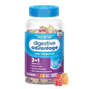 digestive advantage probiotics for digestive health, probiotic gummies & vit d, daily probiotics for women &men occasional bloating, minor abdominal discomfort & gut health, 80ct natural fruit flavors