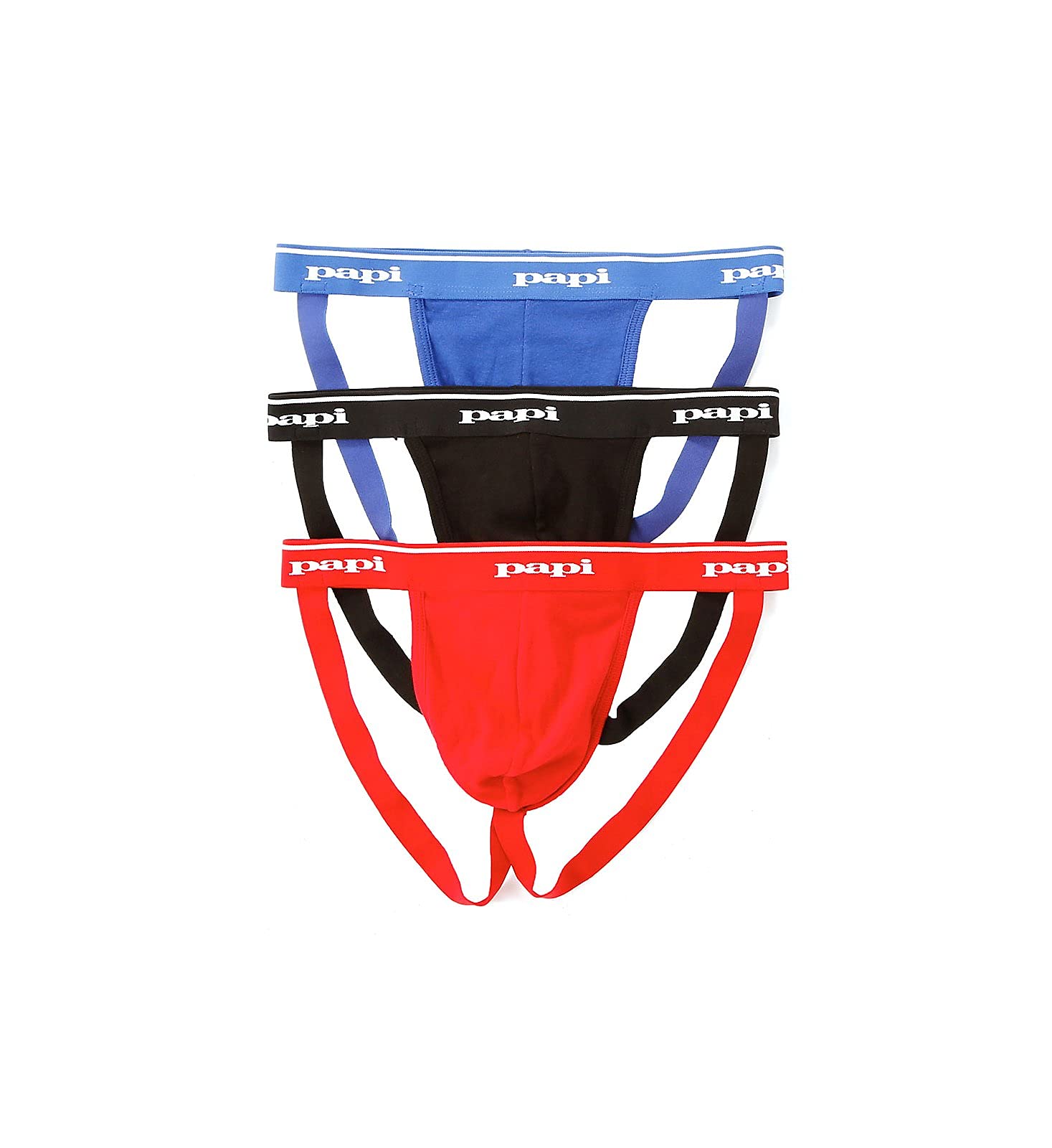 papi Men's 3-Pack Jockstrap, Athletic Supporter, Breathable Male Workout Underwear, Red/Black/Blue, Large