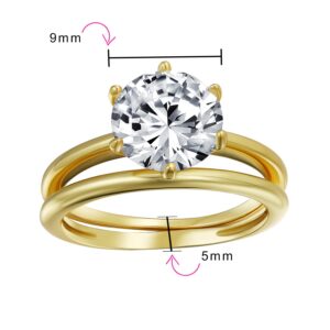 Traditional 3 CTW Round Solitaire 6 Prong AAA CZ Engagement Anniversary Wedding Band Ring Set For Women Yellow 14KGold Plated.925 Sterling Silver