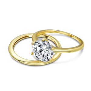 Traditional 3 CTW Round Solitaire 6 Prong AAA CZ Engagement Anniversary Wedding Band Ring Set For Women Yellow 14KGold Plated.925 Sterling Silver