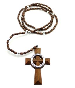 saints cross wooden rosary 5mm&39"wooden ball chain necklace brown silver (xj199brnr)