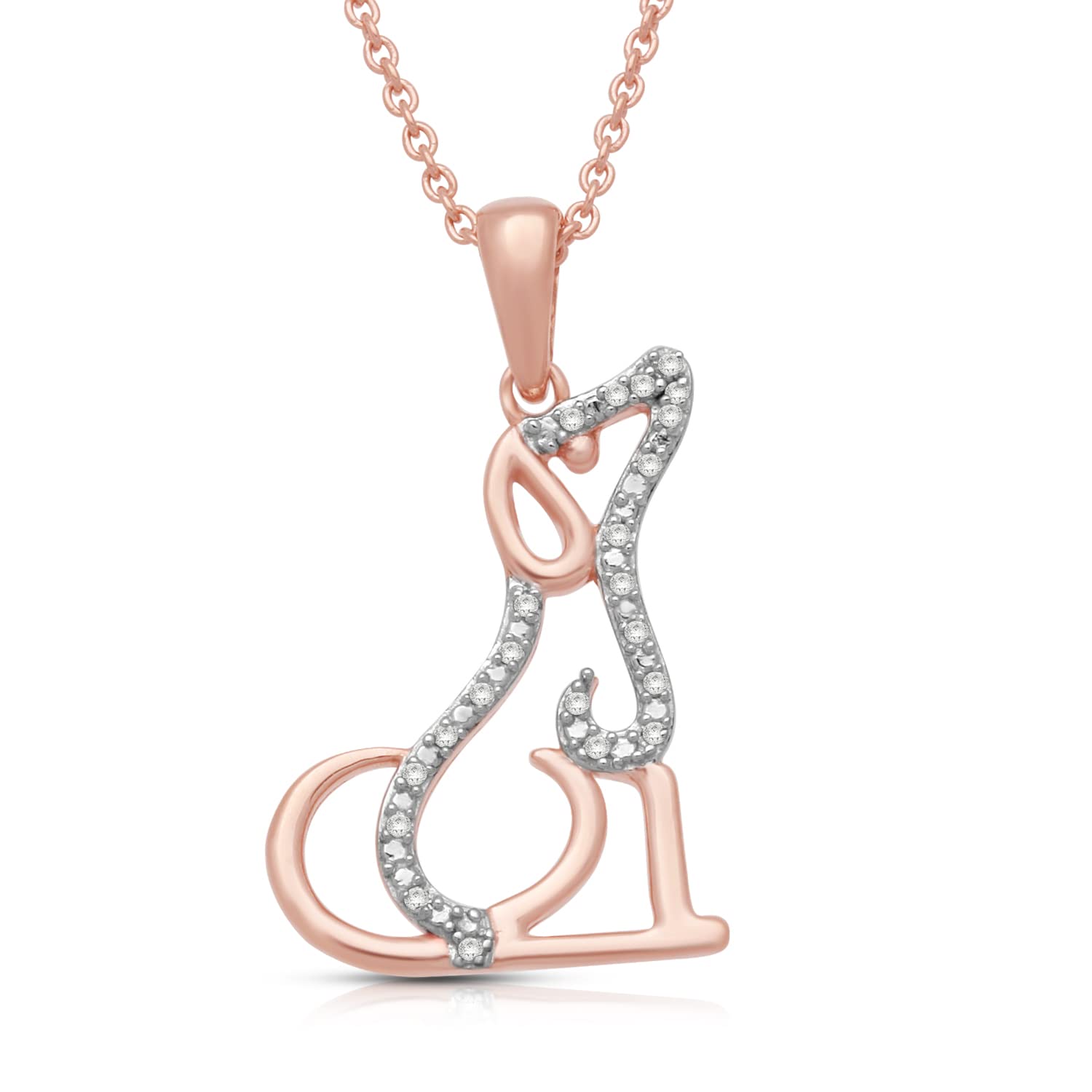 Jewelili 14K Rose Gold Over Sterling Silver Natural White Round Diamonds Dog Pendant Necklace, 18" Rolo Chain