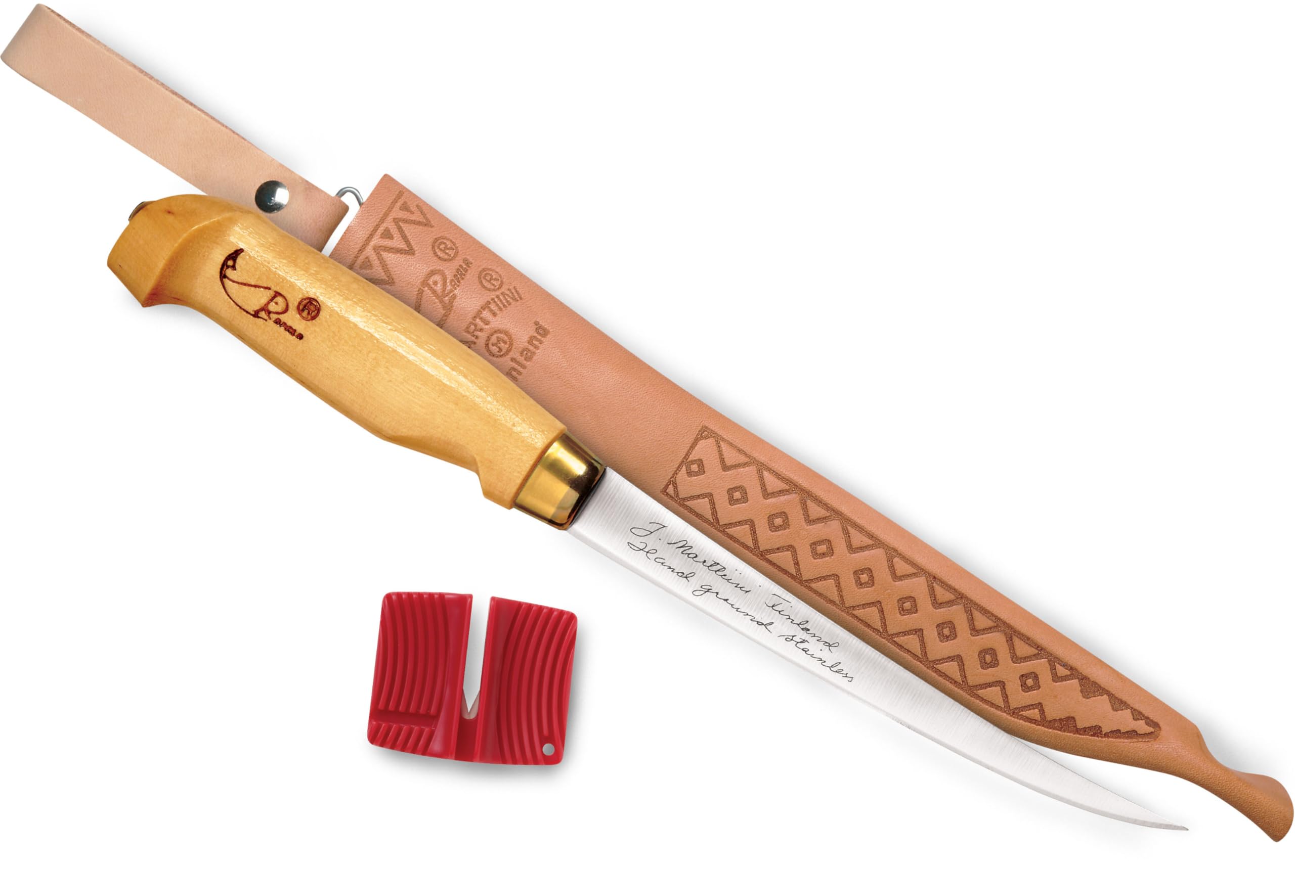 Fish 'N Fillet Knife - 7" Blade Length with Single Stage sharpener and Tooled Leather Sheath