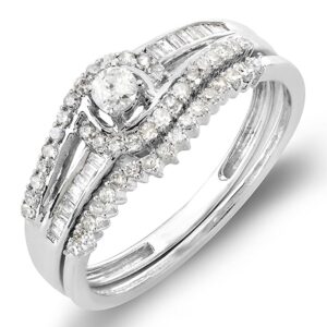 dazzlingrock collection 0.50 carat (ctw) 10k round & baguette diamond women swirl engagement matching band halo style bridal ring set 1/2 ct, white gold, size 6