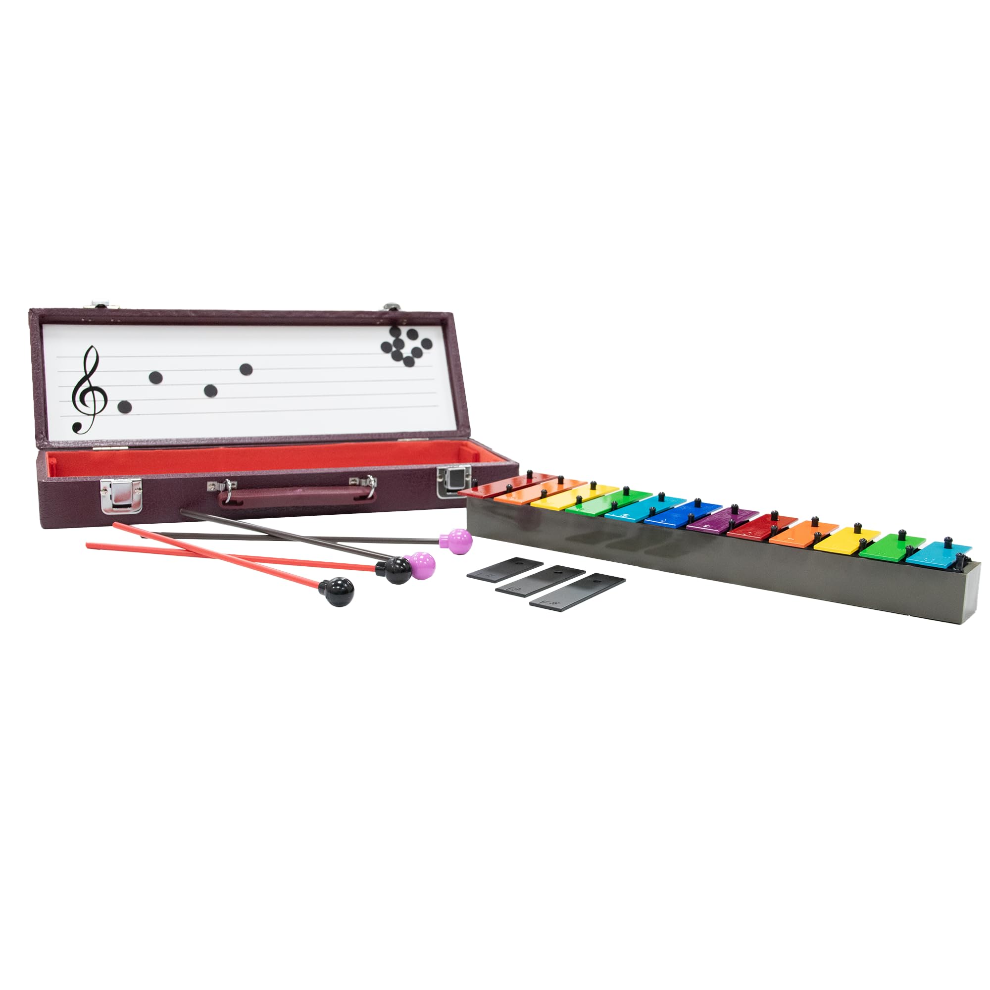 Basic Beat BB12B 12-Note Glockenspiel Kit - Colored Bells, Hard-Shell Case with Magnetic Staff Board, 12 Magnets, Extra F# & Bb Bars, and Dual Mallets Included