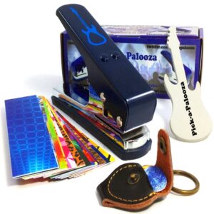 pick-a-palooza diy guitar pick punch mega gift pack - the premium guitar pick maker - includes leather key chain pick holder, 15 pick strips and a pick file - blue