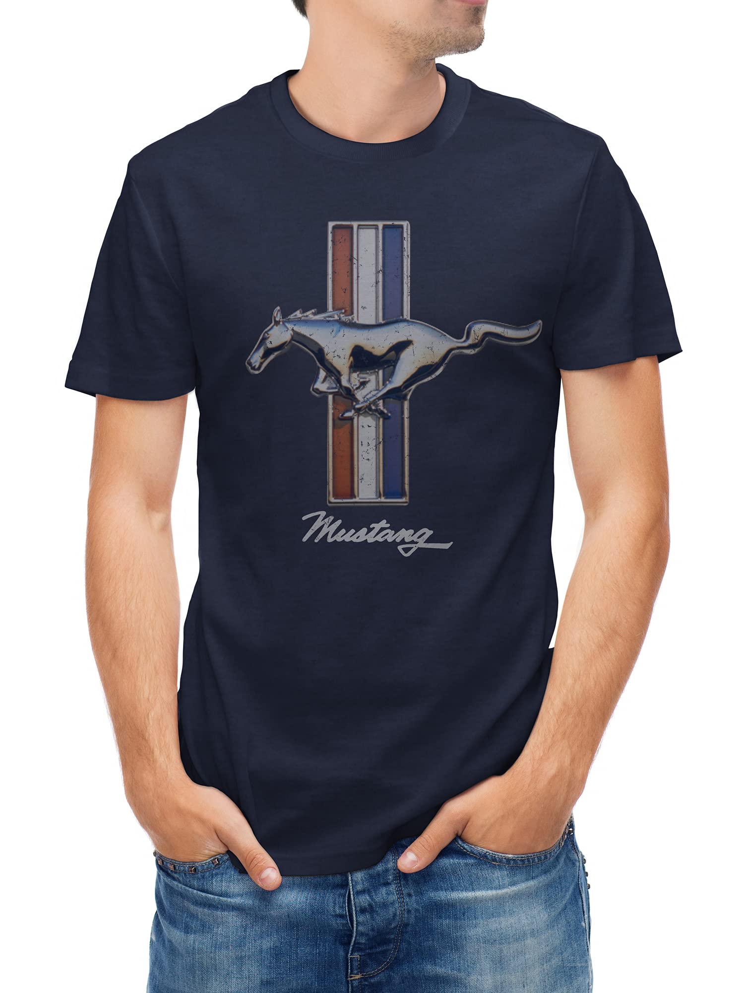 Tee Luv Men's Distressed Ford Mustang Shirt, Navy Heather, L