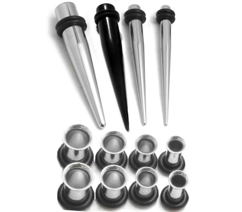 Urban Body Jewelry 12 Piece Steel Taper and Plugs Ear Stretching Kit - Pairs of Plugs with single Tapers - Gauge sizes 1G (7mm),0G (8mm), (9mm), 00G (10mm)