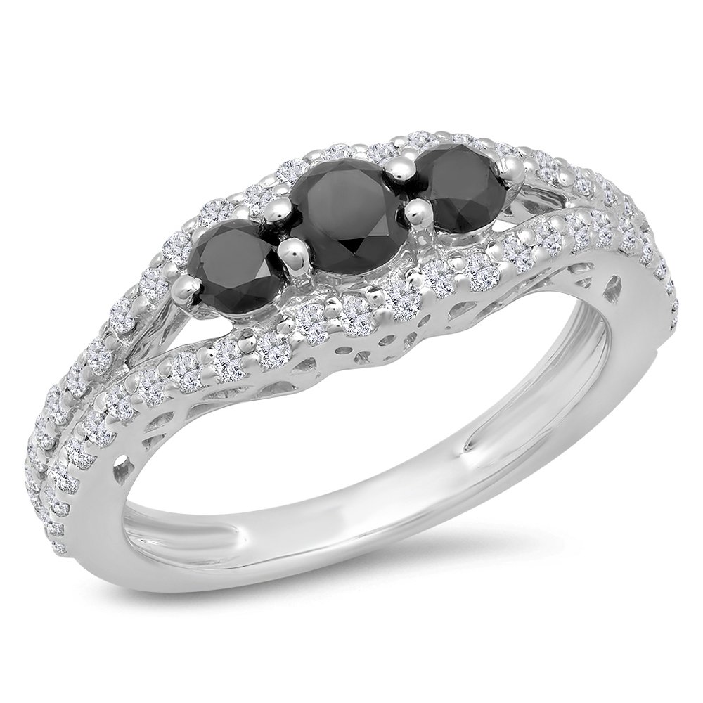 Dazzlingrock Collection 1.25 Carat (ctw) Round Black & White Diamond Women 3 stone Engagement Bridal Ring 1 1/4 CT, Sterling Silver, Size 8