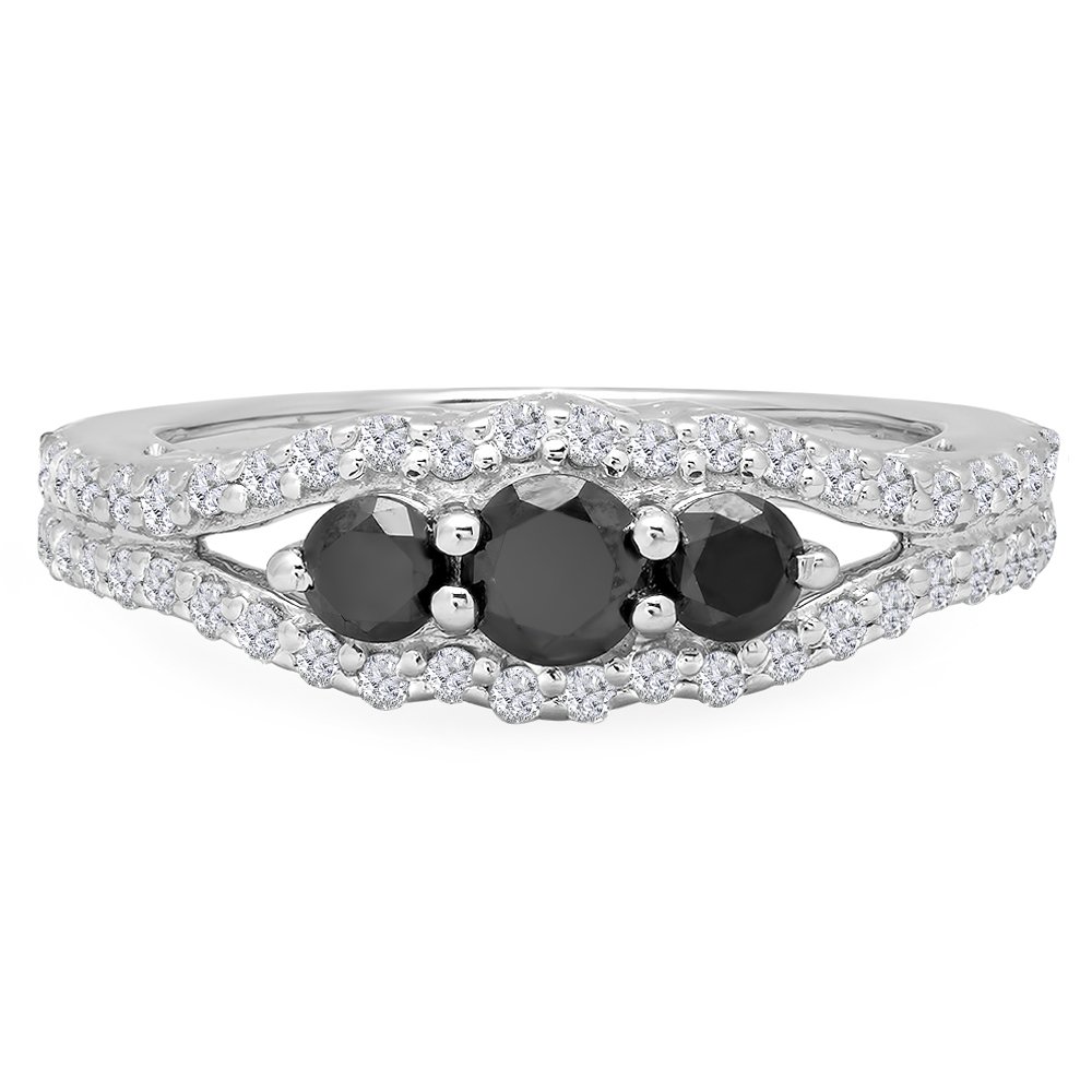 Dazzlingrock Collection 1.25 Carat (ctw) Round Black & White Diamond Women 3 stone Engagement Bridal Ring 1 1/4 CT, Sterling Silver, Size 8