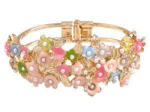 alilang faux pearl crystal rhinestone pastel enamel floral flower bridal easter bangle cuff bracelet