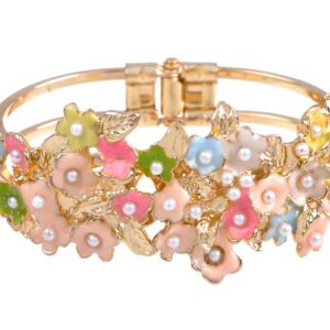 Alilang Faux Pearl Crystal Rhinestone Pastel Enamel Floral Flower Bridal Easter Bangle Cuff Bracelet