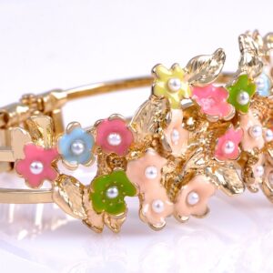 Alilang Faux Pearl Crystal Rhinestone Pastel Enamel Floral Flower Bridal Easter Bangle Cuff Bracelet