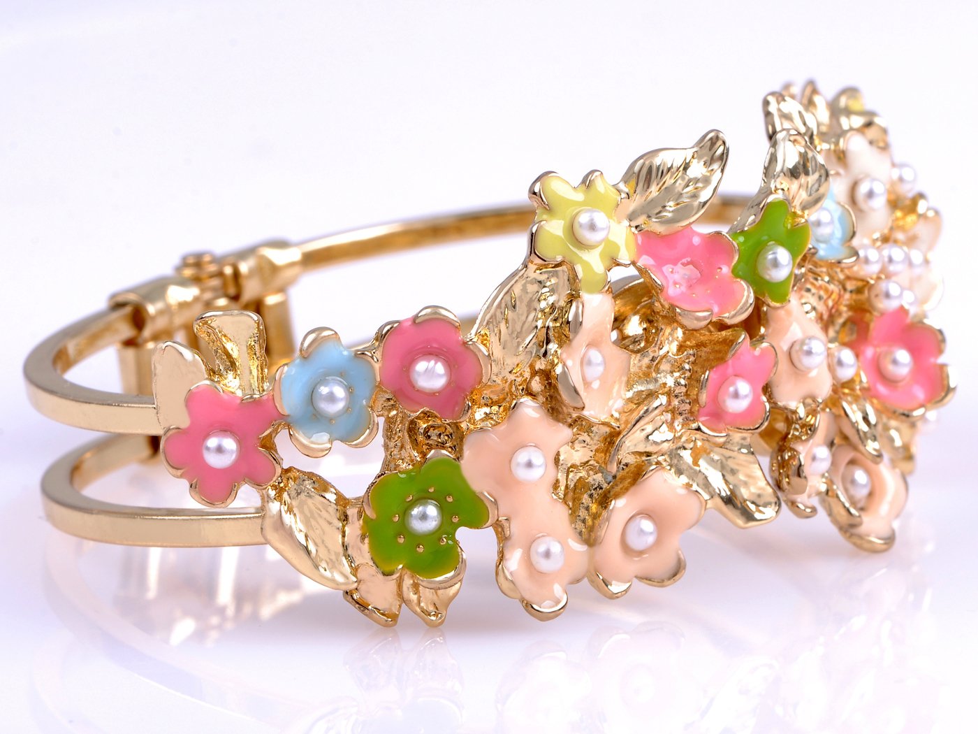 Alilang Faux Pearl Crystal Rhinestone Pastel Enamel Floral Flower Bridal Easter Bangle Cuff Bracelet