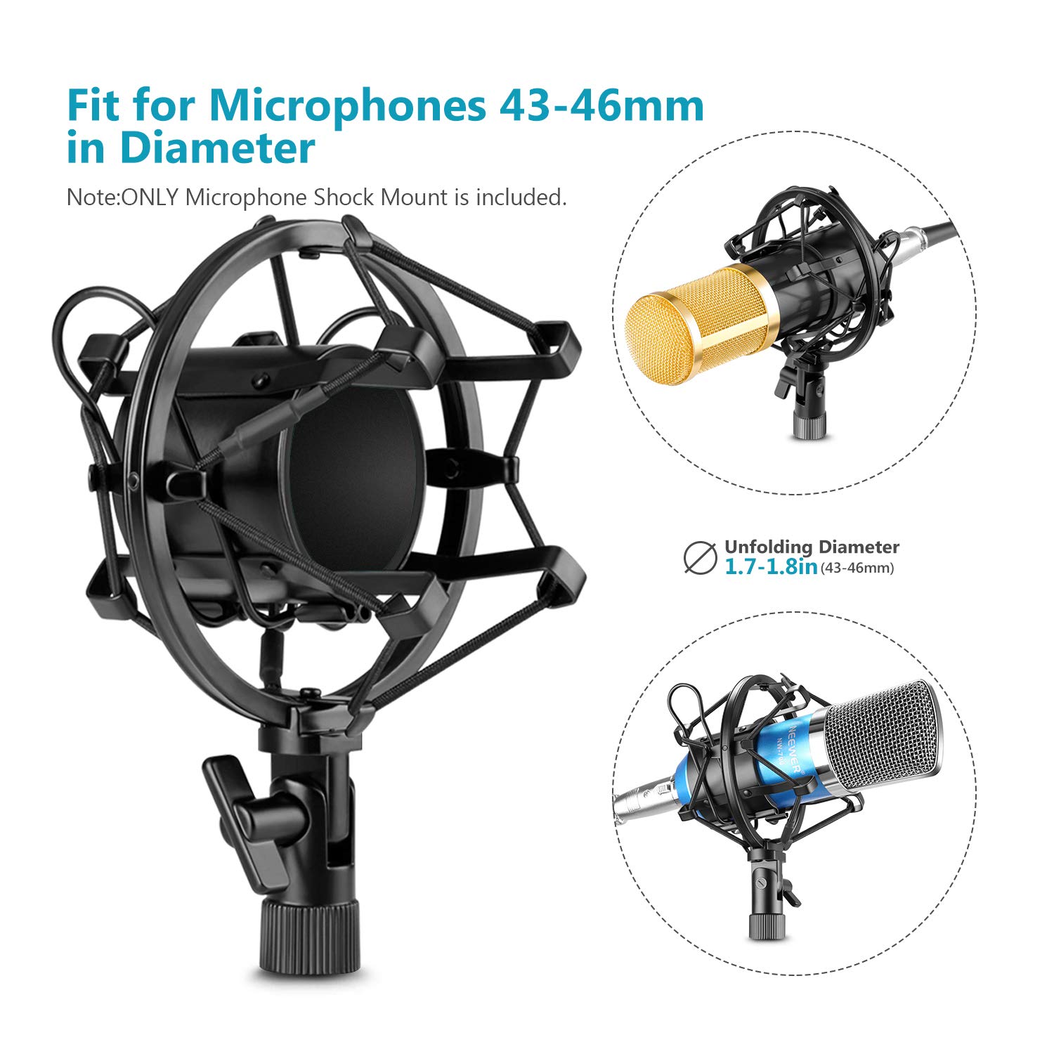 Neewer Universal 45MM Microphone Shock Mount for 43MM-46MM Diameter Condenser Mic (Black)