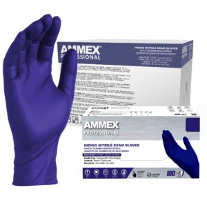 ammex indigo nitrile disposable exam gloves, 3 mil, latex/powder free, food-safe, textured, non-sterile, small, case of 1000