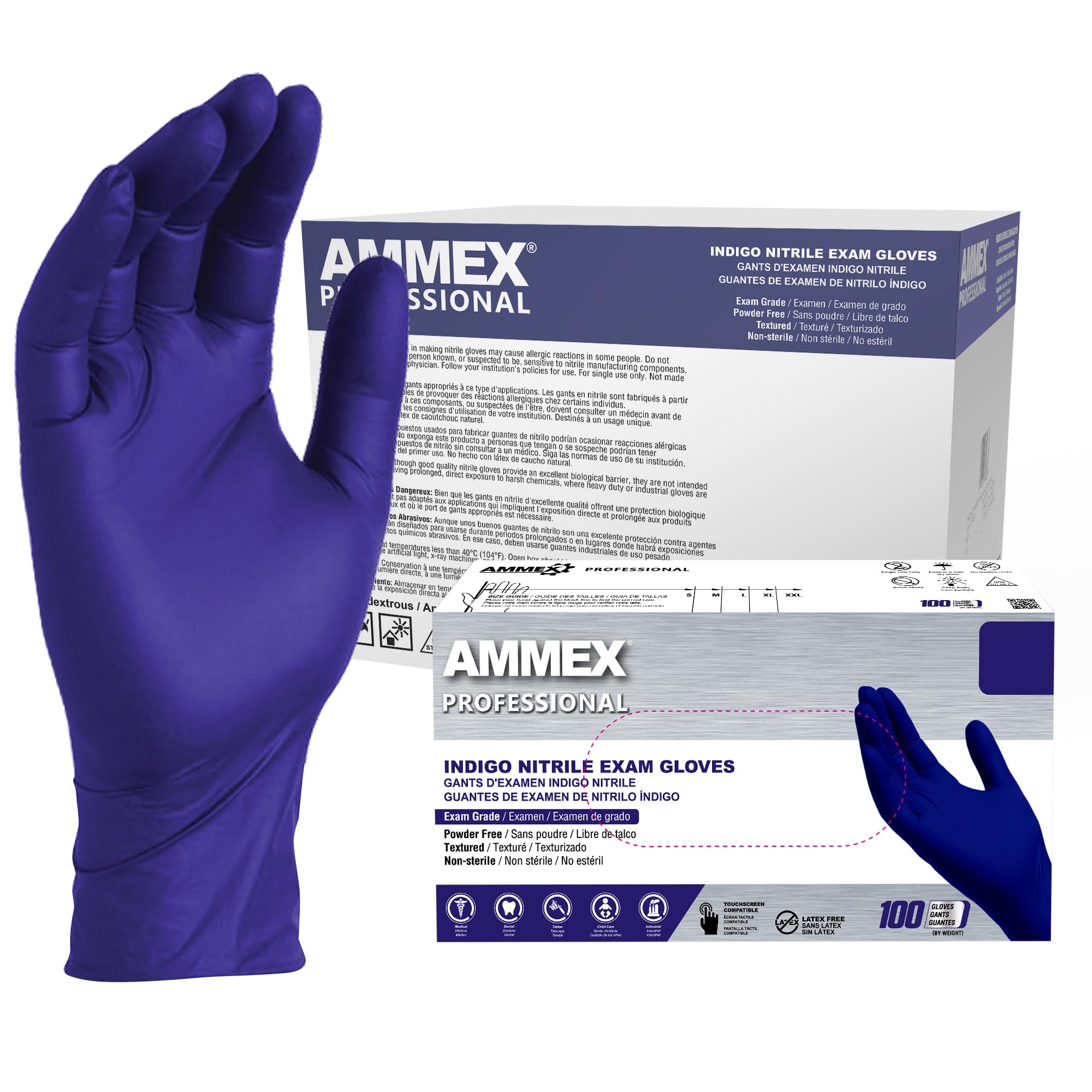 AMMEX Indigo Nitrile Disposable Exam Gloves, 3 Mil, Latex/Powder Free, Food-Safe, Textured, Non-Sterile, Small, Case of 1000