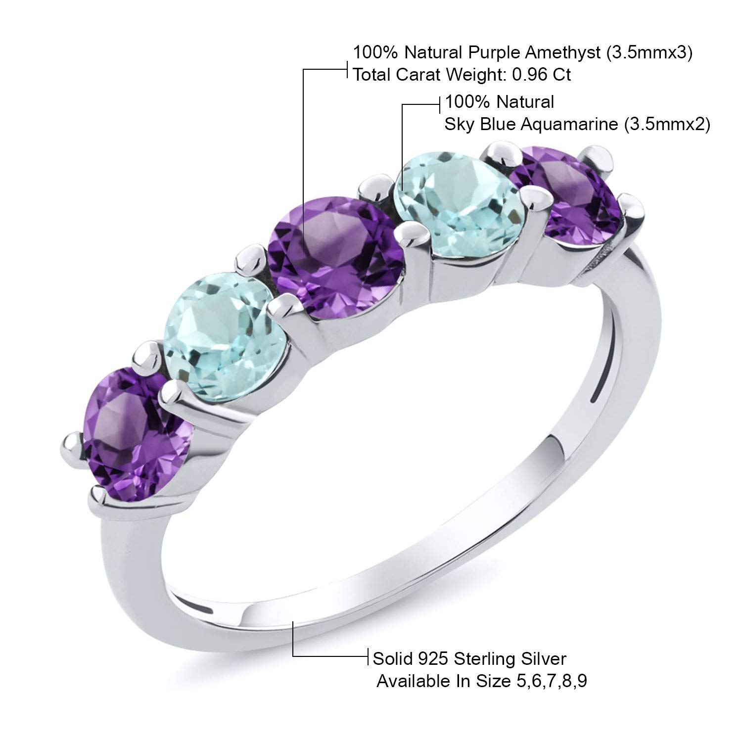 Gem Stone King 925 Sterling Silver Sky Blue Aquamarine and Purple Amethyst Wedding Band Ring For Women (0.96 Cttw, Round 3.5MM, Gemstone March Birthstone, Available In Size 5, 6, 7, 8, 9)