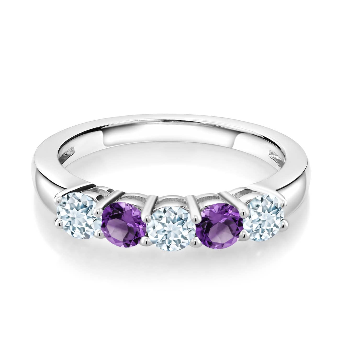 Gem Stone King 925 Sterling Silver Sky Blue Aquamarine and Purple Amethyst Wedding Band Ring For Women (0.96 Cttw, Round 3.5MM, Gemstone March Birthstone, Available In Size 5, 6, 7, 8, 9)