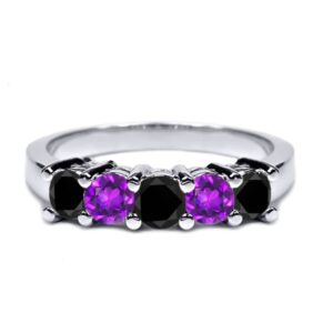 gem stone king 925 sterling silver black diamond and purple amethyst wedding band ring for women (0.96 cttw, round 3.5mm, gemstone april birthstone, available in size 5, 6, 7, 8, 9)