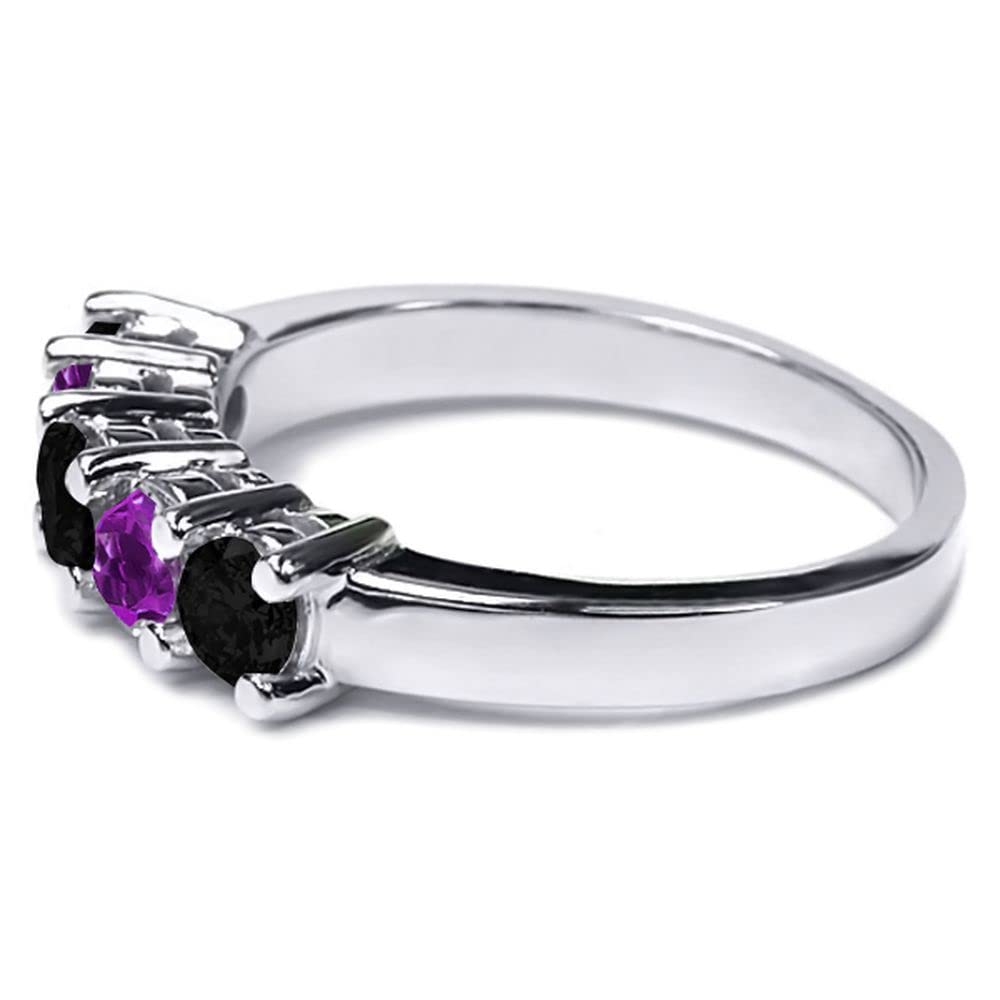 Gem Stone King 925 Sterling Silver Black Diamond and Purple Amethyst Wedding Band Ring For Women (0.96 Cttw, Round 3.5MM, Gemstone April Birthstone, Available In Size 5, 6, 7, 8, 9)