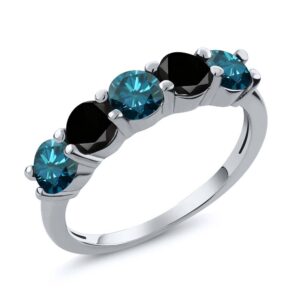 gem stone king 925 sterling silver blue diamond and black diamond wedding band ring for women (0.79 cttw, round 3.5mm, gemstone april birthstone, available in size 5, 6, 7, 8, 9)