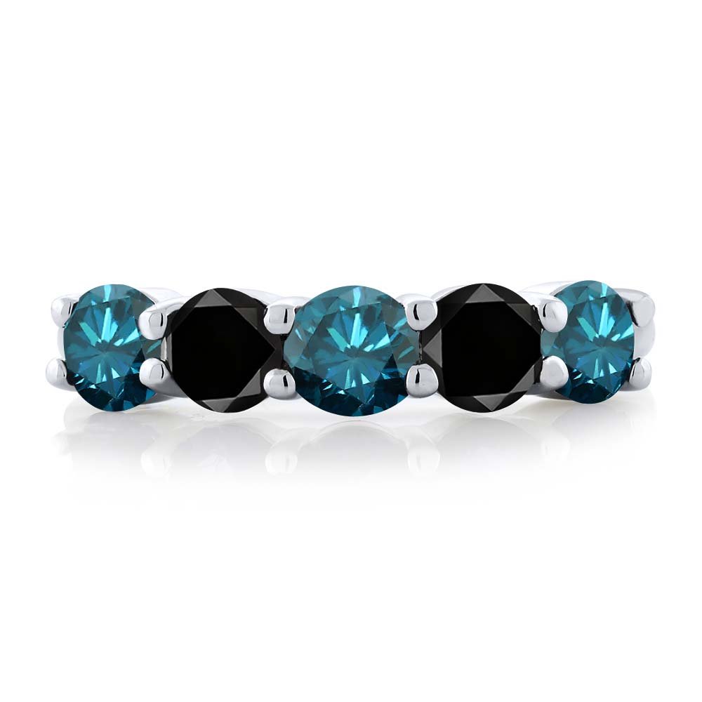 Gem Stone King 925 Sterling Silver Blue Diamond and Black Diamond Wedding Band Ring For Women (0.79 Cttw, Round 3.5MM, Gemstone April Birthstone, Available In Size 5, 6, 7, 8, 9)