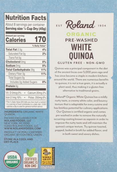 Roland Foods White Quinoa, Pre-washed, Specialty Imported Food, 12-Ounce