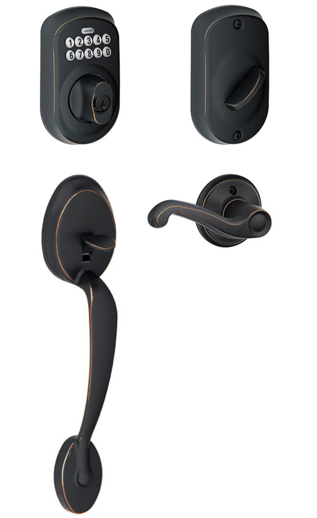 Schlage FE365-PLY-FLA-RH Right Handed Plymouth Electronic Handleset with Flair L, Aged Bronze