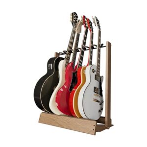 string swing guitar stand, multi guitar rack for acoustic, electric, bass guitars, hand welded steel & oak hardwood, padded guitar holders, guitar stands floor - usa made