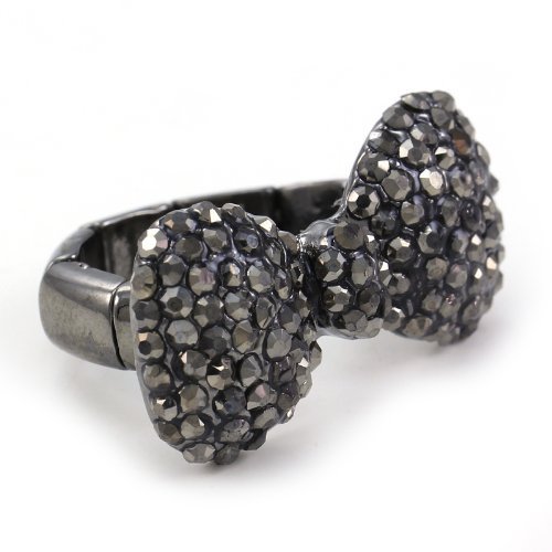 Gray Rhinestone Ribbon Bowtie Party Cocktail Ring Adjustable Stretch Band Valentine's Day Jewelry