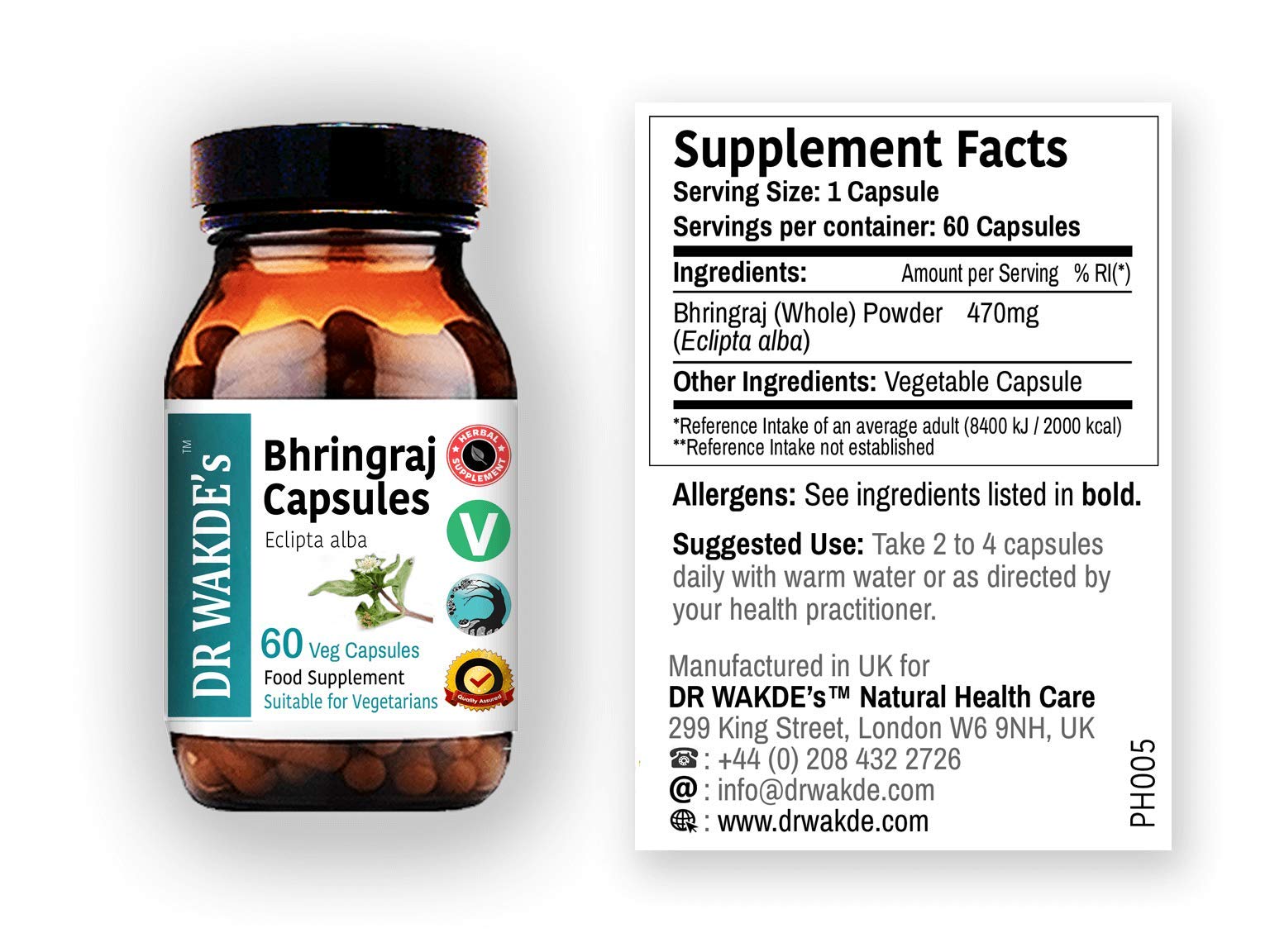 DR WAKDE'S Bhringraj Capsules (False Daisy, Eclipta alba, 60 Veg Caps, Plant-Based Supplement, Ayurvedic Herb, All Natural, Vegan)