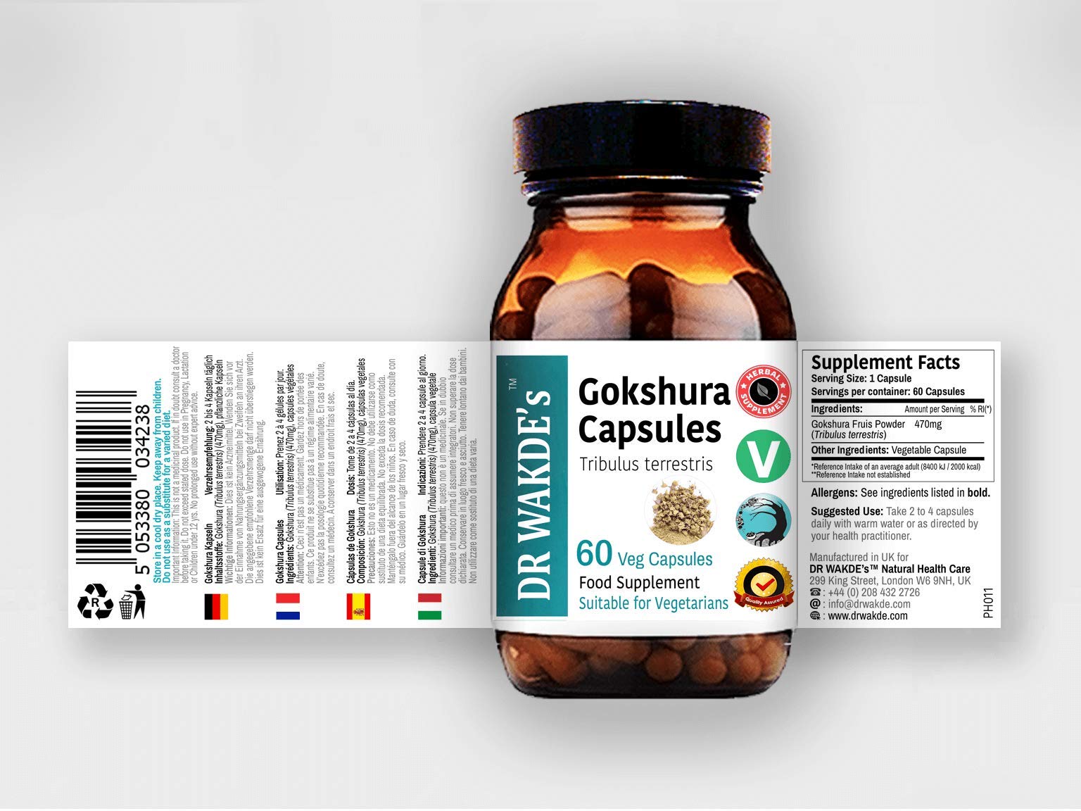 DR WAKDE'S Gokshura Capsules (Tribulus terrestris, 60 Veg Caps, Plant-Based Supplement, Ayurvedic Herb, All Natural, Vegan)