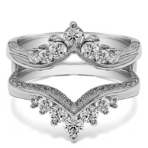 TwoBirch Sterling Silver Chevron Vintage Ring Guard with Millgrained Edges and Filigree Cut Out Design With Cubic Zirconia (0.74 ct., Size 9)