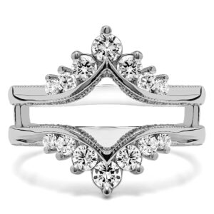 TwoBirch Sterling Silver Chevron Vintage Ring Guard with Millgrained Edges and Filigree Cut Out Design With Cubic Zirconia (0.74 ct., Size 9)