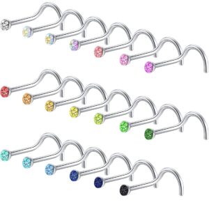 crazypiercing 20pcs colorful rhinestone steel screw nose rings studs bar pin piercing jewelry