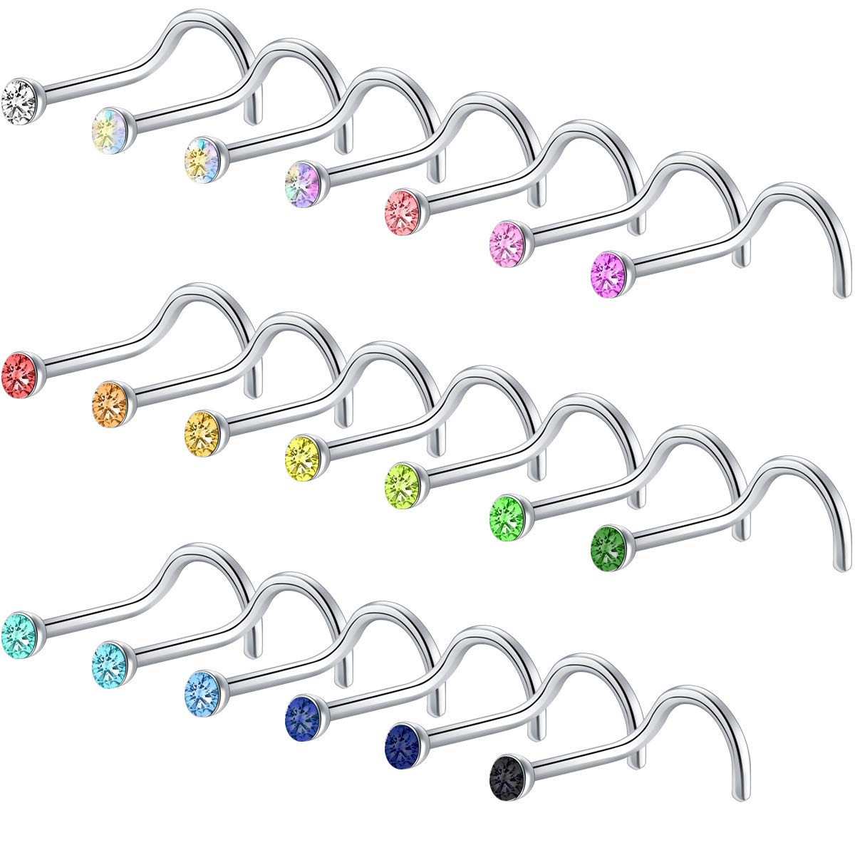 CrazyPiercing 20pcs Colorful Rhinestone Steel Screw Nose Rings Studs Bar Pin Piercing Jewelry