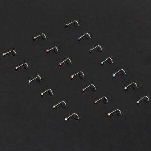 CrazyPiercing 20pcs Colorful Rhinestone Steel Screw Nose Rings Studs Bar Pin Piercing Jewelry