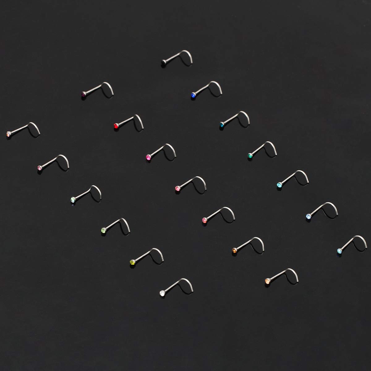 CrazyPiercing 20pcs Colorful Rhinestone Steel Screw Nose Rings Studs Bar Pin Piercing Jewelry