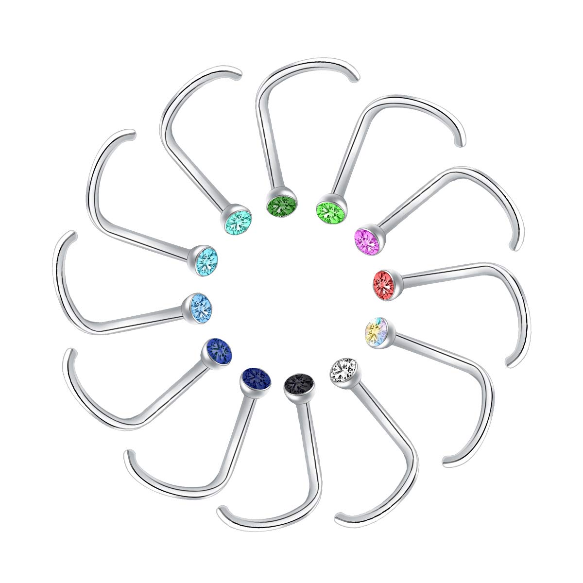 CrazyPiercing 20pcs Colorful Rhinestone Steel Screw Nose Rings Studs Bar Pin Piercing Jewelry