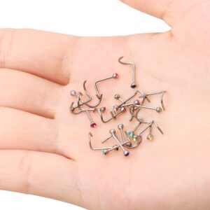 CrazyPiercing 20pcs Colorful Rhinestone Steel Screw Nose Rings Studs Bar Pin Piercing Jewelry