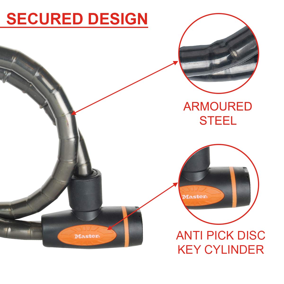 Master Lock 18 mm x 1000 mm Armoured Steel Cable Key Lock - Smoke