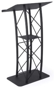 displays2go black aluminum and steel truss lectern with curved design and built-in shelf, 47-inch tall, textured finish (lcttacbk)